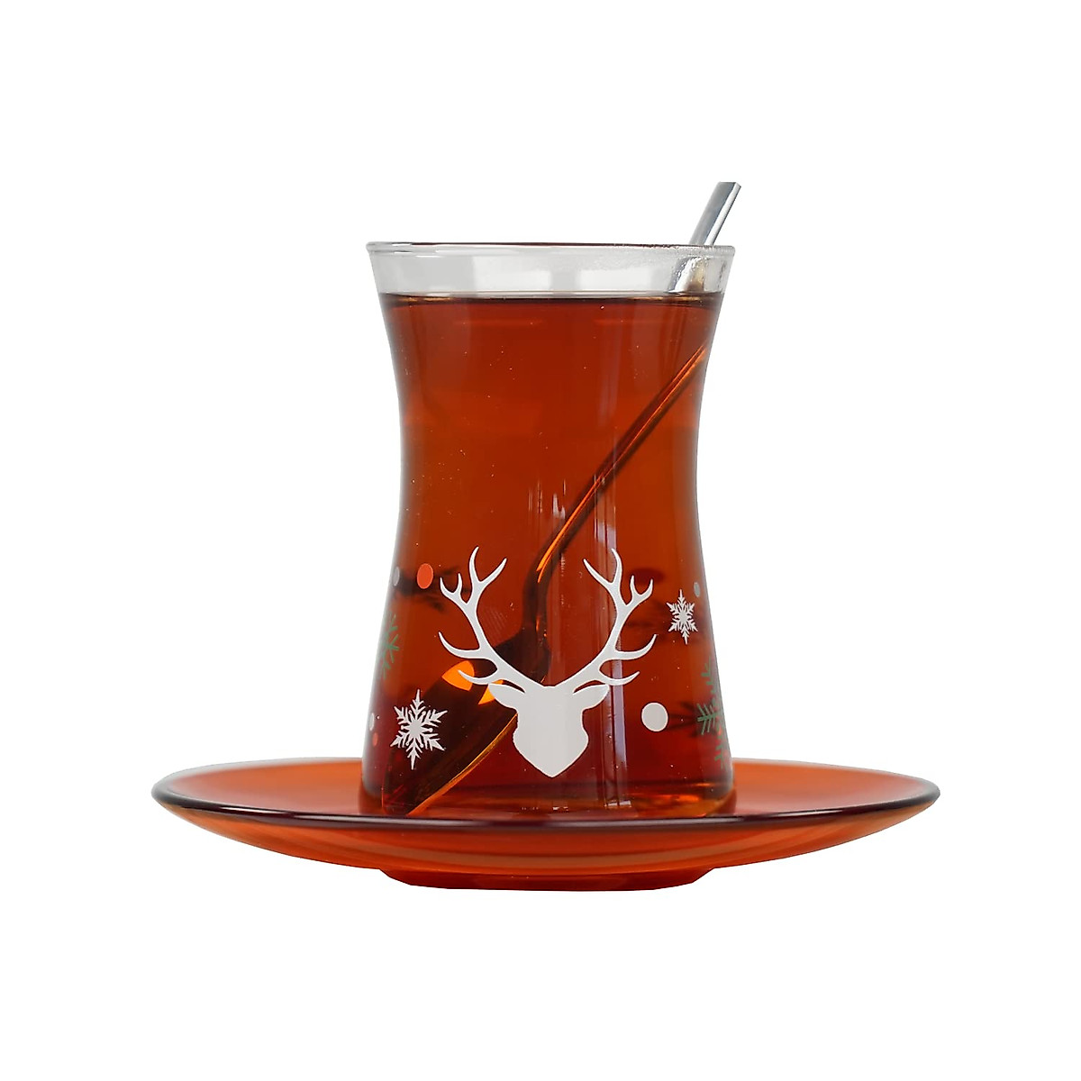 Turkish Tea Set, Turkish Tea Cups, Saucers and Tea Spoons, 6 Glasses, 6 Saucers and 6 Stainless Steel Spoons (18 Pieces), Set For 6 (Christmas)