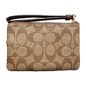 COACH SIGNATURE PVC LEATHER CORNER ZIP WRISTLET, Medium, Khaki/Saddle
