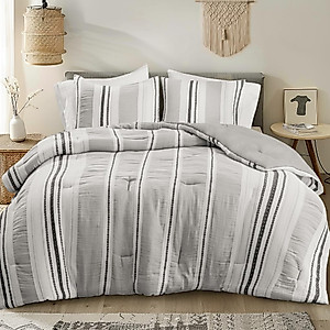 Hyde Lane Neutral Farmhouse Bedding Set, 3 Pieces Full/Queen Size Grey Comforter Sets, Cotton Top with Modern Rustic Style Stripes Including 1 Comforter 2 Pillowcases
