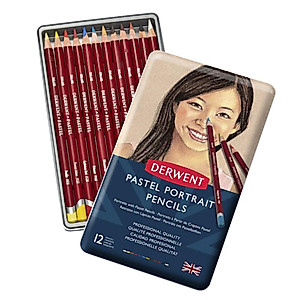 Derwent Pastel Pencils, Skintone, 4mm Core, Metal Tin, 12 Count (2300563), pink