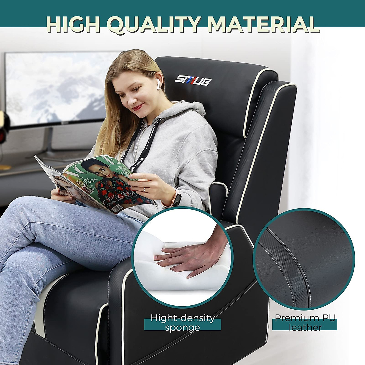 Gaming Recliner Gamer Chair for Adults - PU Leather Gaming Sofa Comfortable Movie Theater Chairs Ergonomic Single Couch for Living Game Room - White