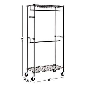 Finnhomy Heavy Duty Rolling Garment Rack Clothes Rack with Double Hanger Rods and Shelves, Portable Closet Organizer with Wheels, 1'' Diameter Thicken Steel Tube Hold Up to 300Lbs, Black