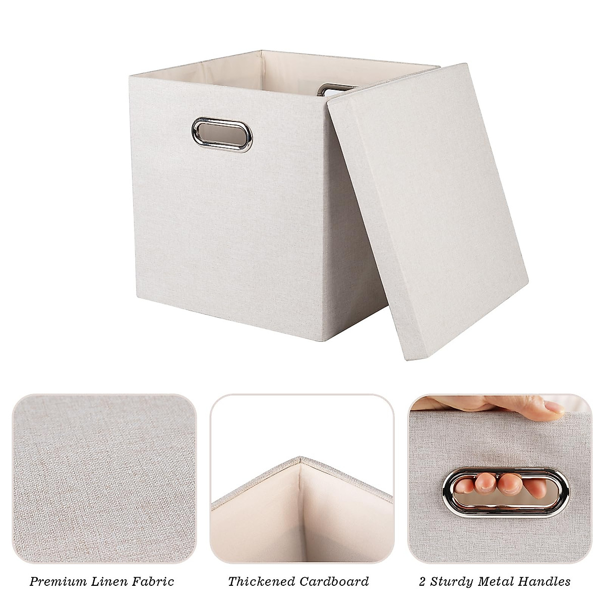 ArcaGuru Storage Bins with Lids, Collapsible Linen Fabric Boxes Organizer Containers with Lid Foldable Storage Box Basket for Closet, Shelves, Home, Office, 12 x 12 x 12 Inch, 4 Pack, Beige