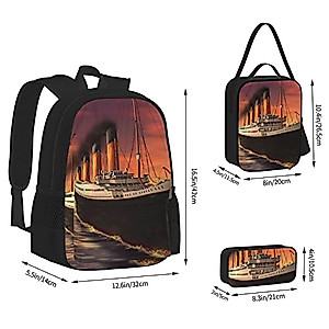 3 Piece Backpack Set Titanic Sunset School Bag,Travel Camping Daypack Students Bookbag Pencil Case Lunch Bag Combination