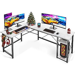 Coleshome L Shaped Computer Desk 66" with Storage Shelves, Corner Gaming Desk, Sturdy Writing Desk Workstation, Modern Wooden Office Desk, Wood & Metal, White
