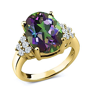 Gem Stone King 18K Yellow Gold Plated Silver Green Mystic Quartz and White Topaz Ring For Women (4.40 Cttw, Available In Size 5, 6, 7, 8, 9)
