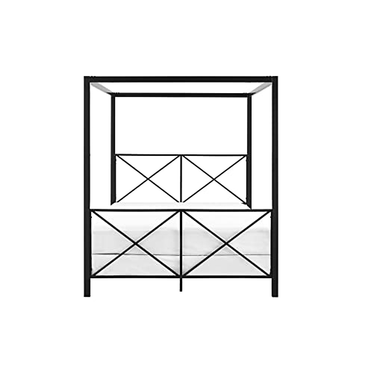 DHP Rosedale Metal Canopy Bed Frame with Four Poster Design and Geometric Accented Headboard and Footboard, Underbed Storage Space, Queen, Black