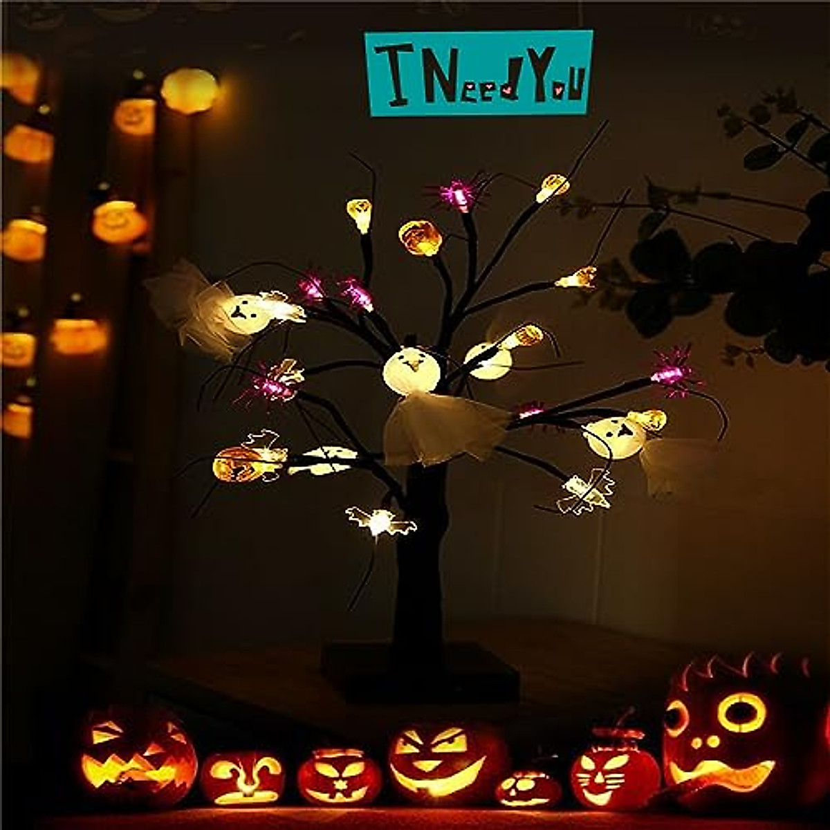 WUYJTIF 1.5FT Black Halloween Tree Lights with 24 Decorated Ghost/Pumpkin/Spider Lights, Timer/Battery Powered Halloween Decorations Indoor Outdoor Suitable for Home, Table, Mantle, Party Decorations