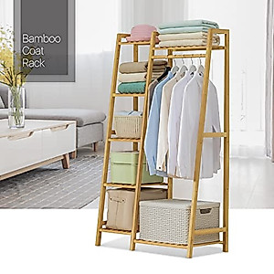 MoNiBloom Bamboo Clothing Rack with 5-Tier Storage Shelves Multi-Functional Garment Rack, Clothes Hanging Rack Stand for Bedroom Living Room, Natural