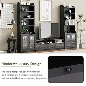P PURLOVE Entertainment Wall Unit with Tall Cabinets, Modern TV Console Table for TVs Up to 65" with Acrylic Board Door, Multifunctional TV Stand Set for Living Room (Black)