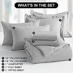 QSTEHEML Queen Comforter Set 7 Pieces, Solid Color Light Grey Queen Bedding Sets, Soft Queen Bed in a Bag with Comforter, Flat Sheet, Fitted Sheet, Pillow Shams and Pillowcases for All Season