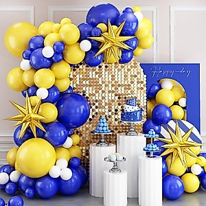 Blue and Yellow Balloon Arch Kit, Royal Blue White Yellow Balloon Garland Kit Latex Baloons with 4D Foil Star Balloons for Baby Shower Anniversary Birthday Wedding Graduation Office Party DIY