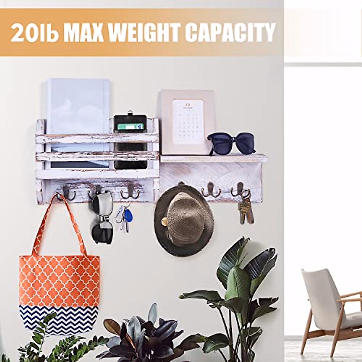 ZSHY.T.SUN Key Holder for Wall - 22.8" x 8.6" x 3.7"Wall Mounted Mail Organizer Wooden Decorative for Coats,Keys with 6 Double Key Hooks for Entryway, Hallway, Kitchen, Living Room,(Light Brown)