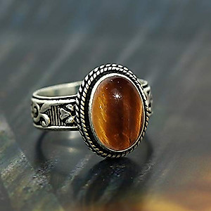 Tiger Eye Ring Size 9 Sterling Silver Plated For Women, Brown Stone June Birthstone Southwest Bohemian Jewelry Christmas Mother's Day Gifts For Her
