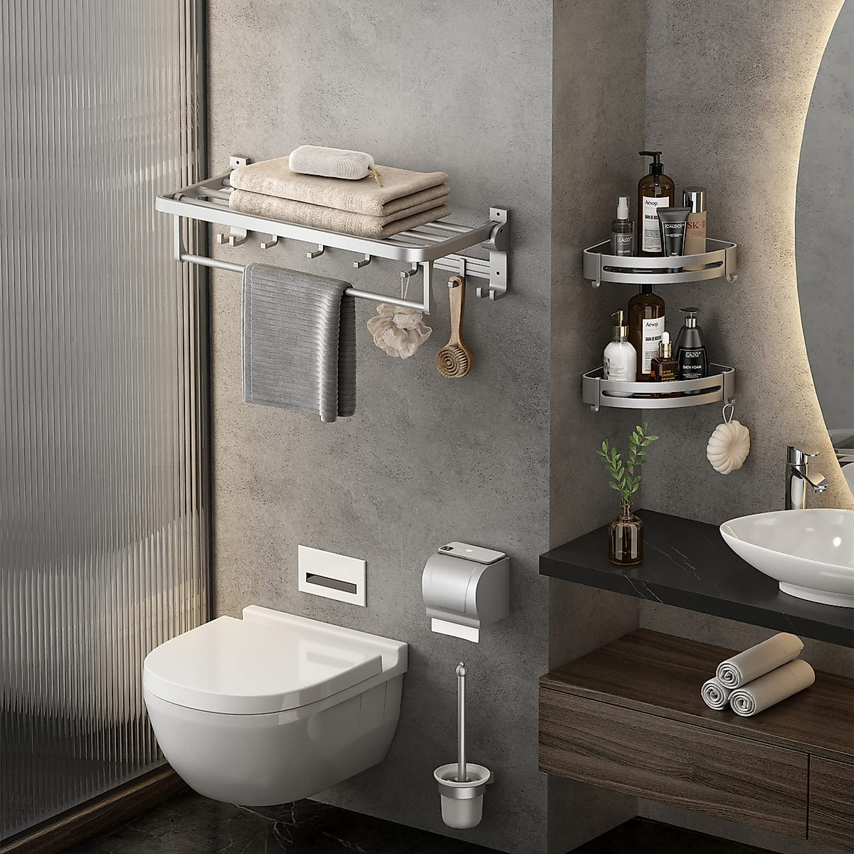 24 Inch Towel Rack with Towel Bar Holder Foldable Towel Shelf with Movable Hooks Rustproof Towel Storage Wall Mount for Bathroom Lavatory Silver