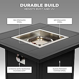 Outland Living Main Street 430 Model Square Fire Pit Table for Outside Patio – 28" Compact Outdoor Propane Gas Fire Table, Black – with Glass Rocks Set, Pre-attached 1m Hose and Regulator