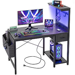TIQLAB Gaming Desk 40 inch with Power Outlet and LED Light, Computer Desk with Reversible Shelves and Storage Drawer, Small PC Desk for Home Office Table with Bag, Carbon Fiber Black