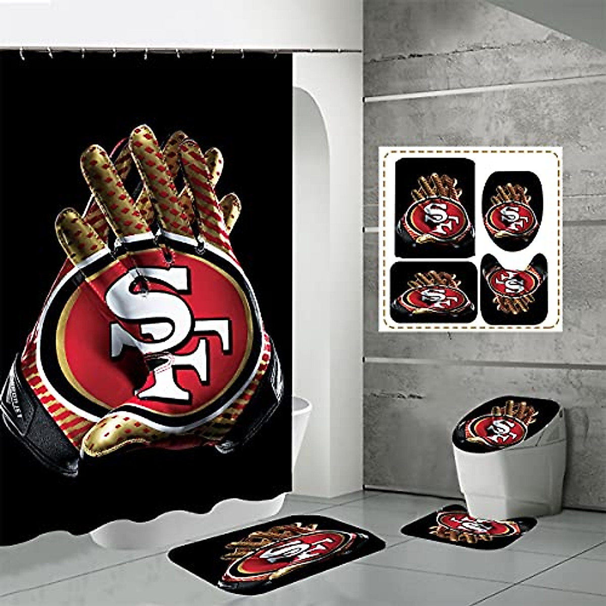 Deerno 4 Pcs Shower Curtain Set with Toilet Lid Cover Mat Non-Slip Rug Bath Mat and Waterproof Shower Curtains with Hooks American Sports Football Bathroom Decoration Machine Washable