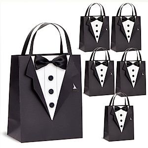 Tuxedo Gift Bag Set for Wedding Groomsman, Bachelor Party Favors (Black, 6 Pack)
