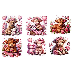 6 Piece 5"x5" Pink Valentine Baby Highland Cows 100% Cotton Fabric Panel Squares - Quilting Panel Blocks
