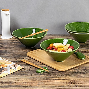 UNICASA 38oz Large Japanese Ramen Bowl Set with Chopsticks, Spoons and Stands, Ceramic Noodle Bowl Set of 2 for Udon, Pho, Soba, Salad and Soup – Reactive Glazed Light Green