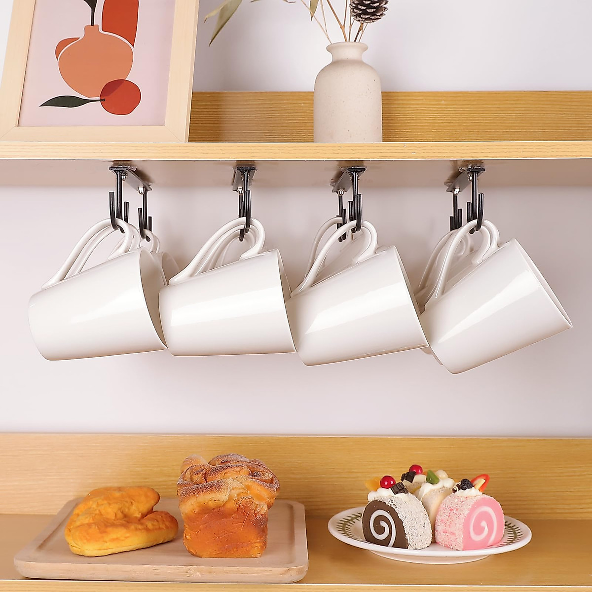 EigPluy Mug Hooks Under Cabinet,3 Pieces Under Cabinet Mug Holder,Under Shelf Mug Organizer Rack with 12 Hooks,Display Hanging Storage Hook for Mugs/Coffee Cups/Kitchen Utensils, Black