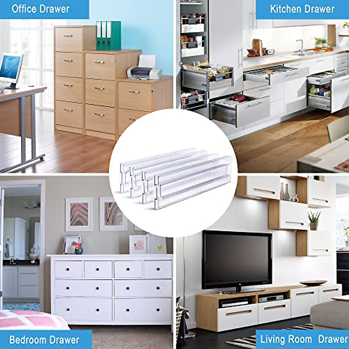 HSYP WOOD Adjustable Drawer Dividers for Clothing & Home Utensils-4 Pack of Clear Plastic Drawer Organizers, 3.2", Expandable 11-19". Ideal for Kitchen Organizers and Storage