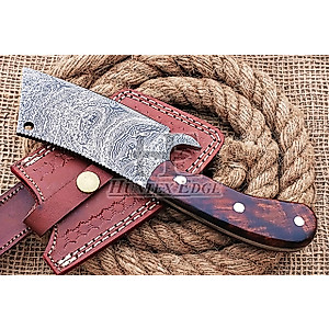 HUNTEX Handmade Hand-Forged Twist Pattern Damascus Steel 9 Inch Long Full Tang Walnut Wood Handle Razor Sharp Hunting Camping Cleaver Knife w/Genuine Leather Sheath