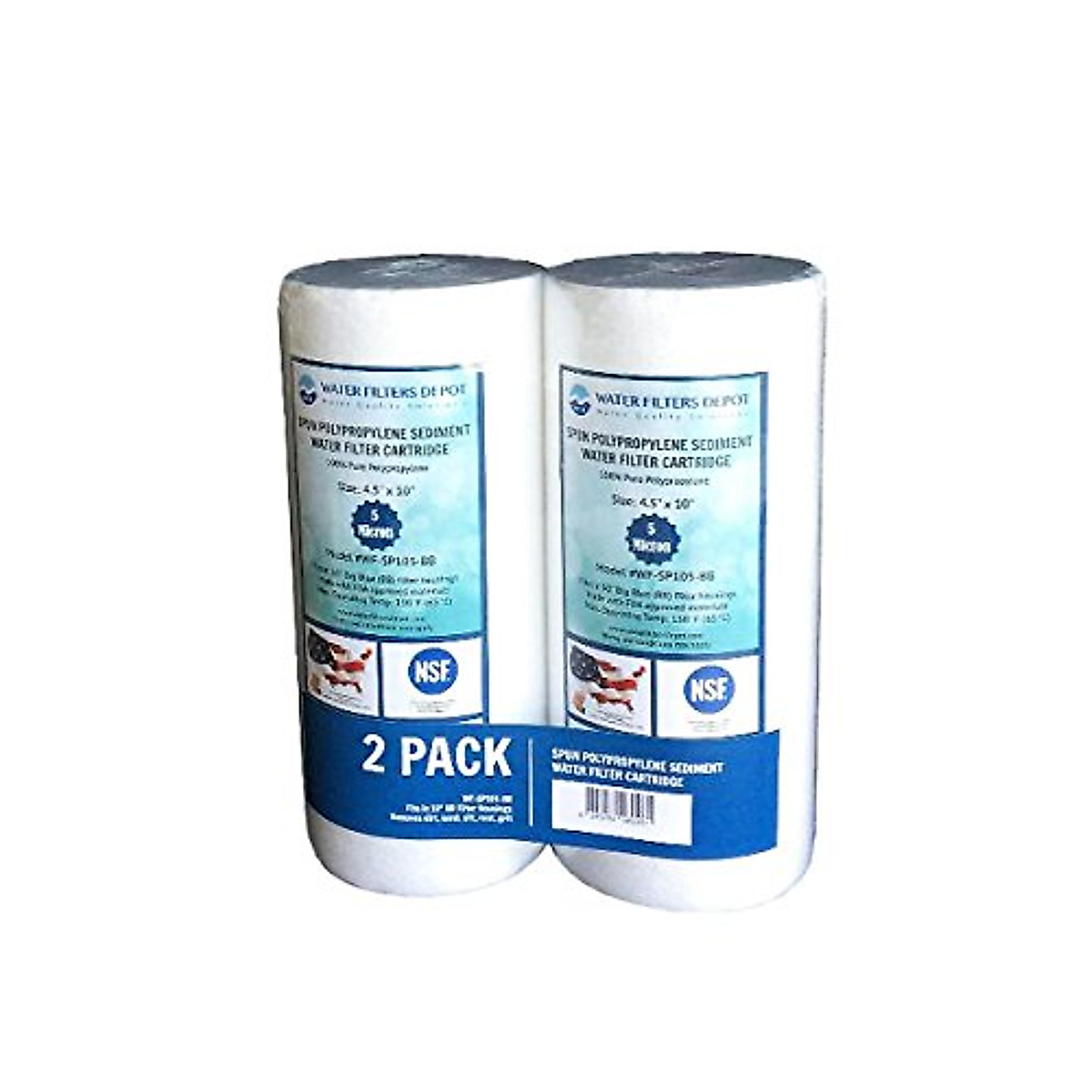 WFD, WF-SP105-BB 4.5"x10" 5 Micron Sediment Water Filter Cartridge, Spun Polypropylene, Fits in 10" Big Blue (BB) Housings of Filtration Systems for Whole House (2 Pack)