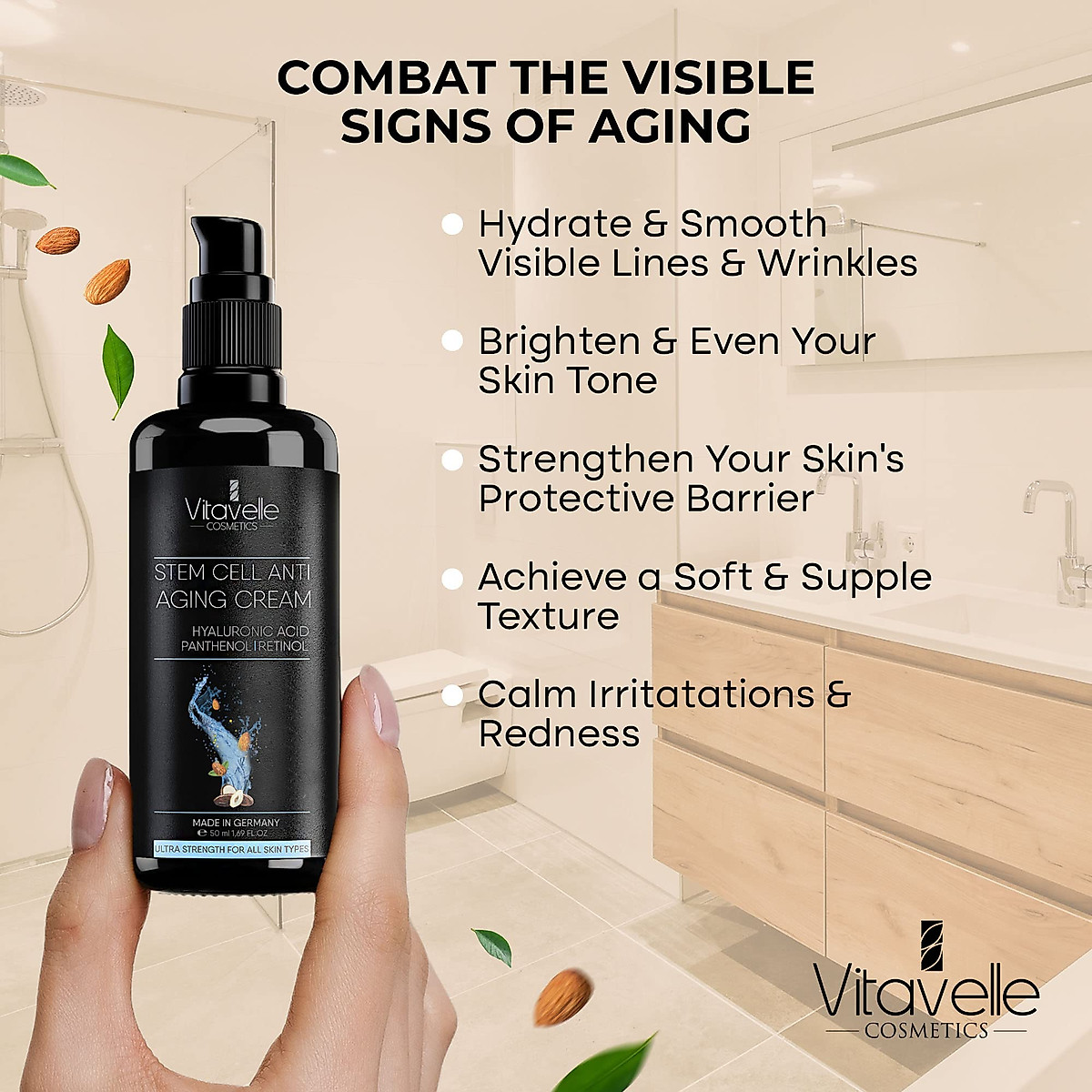 VITAVELLE Stem Cell Face Cream - Hyaluronic Acid, Shea Butter & Jojoba - Anti-Wrinkle, Hydrating Moisturizer for Smooth Skin