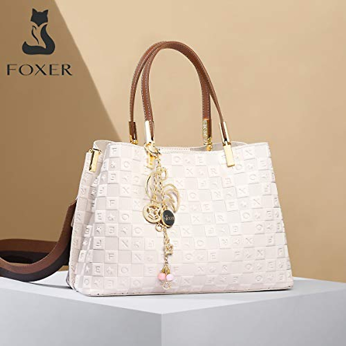 FOXER Leather Satchel Handbags for Women, Split Cowhide Alphabet Pattern Ladies Signature Top-handle Bag with Nylon Shoulder Strap Womens Fashion Purses and Handbags Women's Medium Tote (White)
