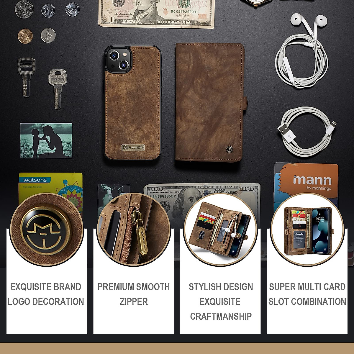 SZHAIYU Wallet Case Compatible with iPhone 13 Mini Cover with Card Holder Leather Flip Retro 2 in 1 Detachable Magnetic Zipper Pocket Thin Phone Cases 5.4' (Brown)