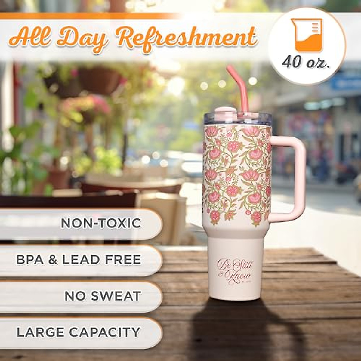 Christian Art Gifts Extra Large Stainless Steel Double Wall Vacuum Insulated Travel Tumbler for Women: Be Still Inspirational Scripture, Lid, Reusable Straw, Wide Handle, White & Pink Floral, 40 oz.