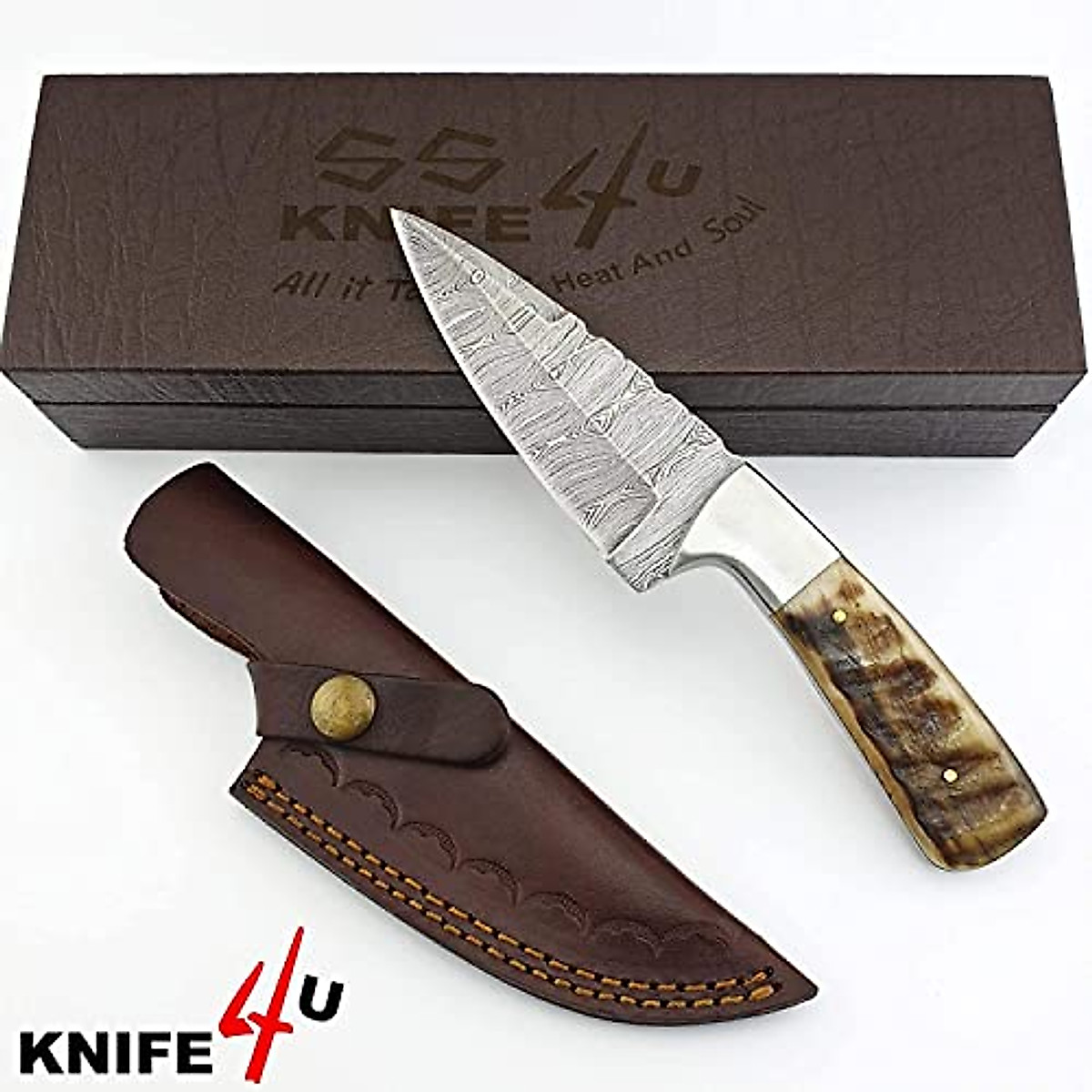 Knife4U Damascus Hunting Knife With Sheath|8"Best Camping,Hiking,Tactical,Survival Knife For Men|EDC Bushcraft Accessories Tool|Sharp Blade With Natural Handle And Knife Display Box (Rams Horn)