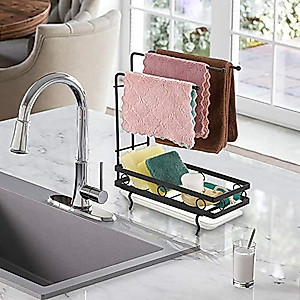 JUXYES Kitchen Sink Caddy Sponge Holder with Dishcloth Drying Rack, Kitchen Rag Stand Sponge Brush Soap Dish Dishcloth Rack Sink Storage Organizer for Kitchen Countertop (Black)