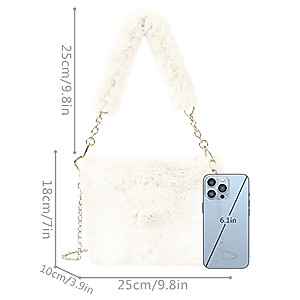 Plush Shoulder Bag, Winter Ladies Fluffy Handbag Crossbody Clutch, Faux Fur Underarm Bag Satchel Purse Bag, Beigewhite