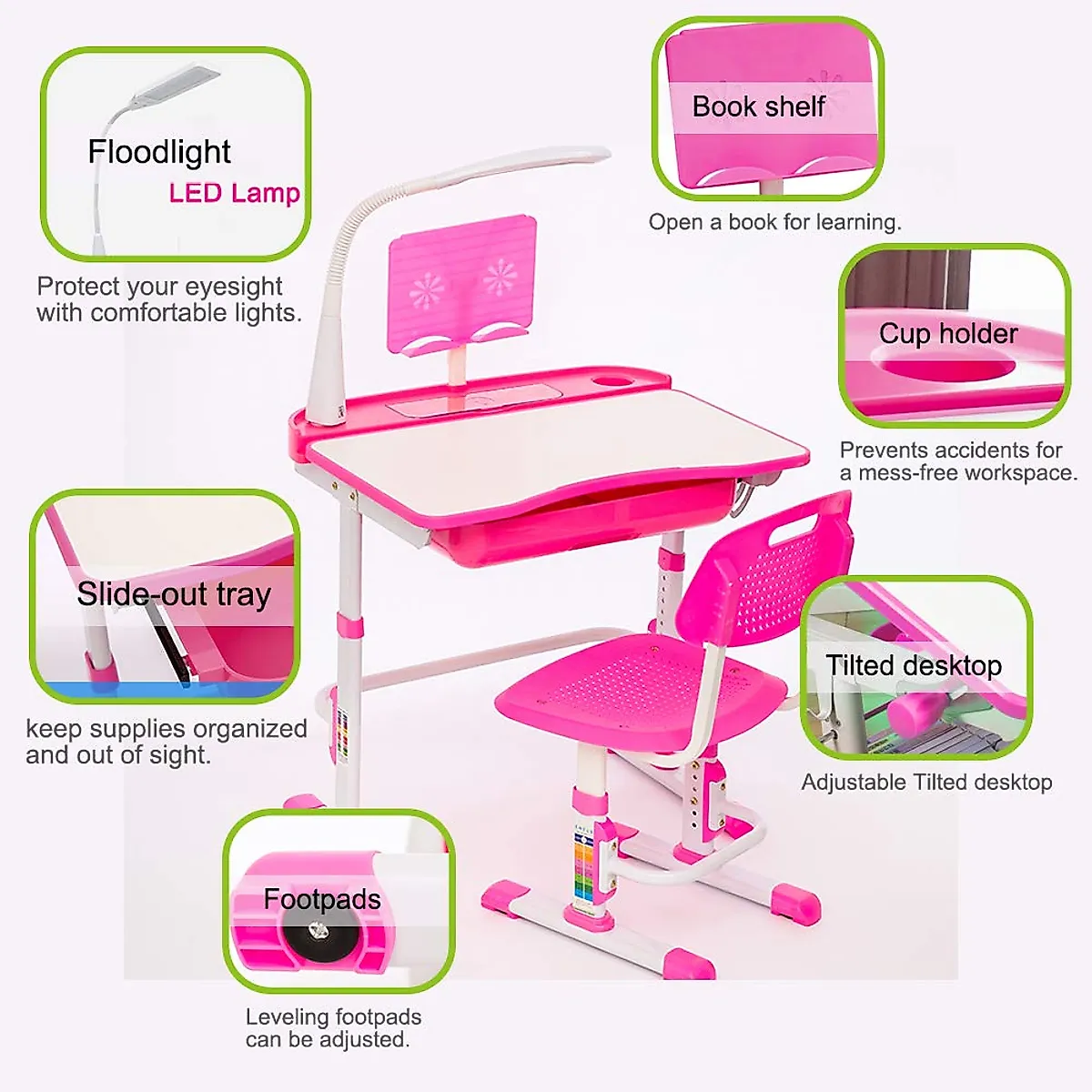 Cantonape Kids Desk and Chair Set, Height Adjustable Children School Study Desk with Tilt Desktop, Bookstand, LED Lamp, Metal Hook and Storage Drawer for Boys Girls, (Pink)