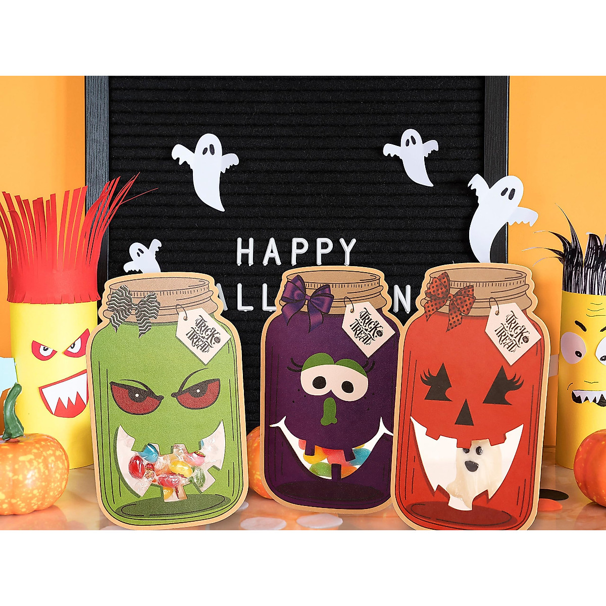 Halloween DIY Crafts Art Cards for Kids-50 Pack Halloween Party Treat Bags Cards Kits for Classroom School, Mason Jar Shape Halloween Treats for Trick or Treaters,Trunk or Treat Party Favors Supplies
