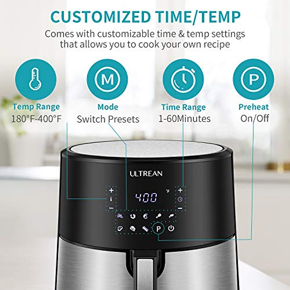 Ultrean 8 Quart Air Fryer, Electric Hot Airfryer XL Oven Oilless Cooker with 8 Presets, LCD Digital Touch Screen and Nonstick Frying Pot, ETL Certified, Cook Book, 1-Year Warranty, 1700W