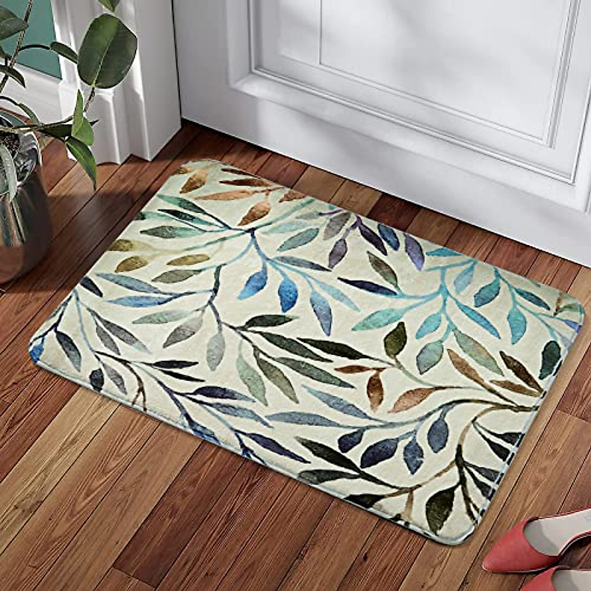 RoomTalks Green Leaf Print 2x3 Area Rug - Faux Wool Non-Slip Cute Bohemian Summer Spring Plants Leaves Bathroom Rug Washable Small Throw Rugs for Entryway Indoor Kitchen Rugs Low-Pile Porch Doormat