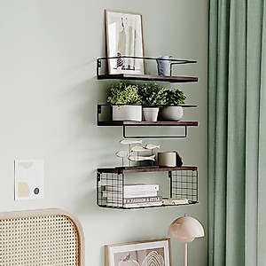 upsimples Bathroom Shelves with Storage Basket, Wall Shelves Over Toilet with Towel Bar and Paper Holder, Farmhouse Wood Floating Shelf for Bedroom, Living Room, Kitchen, Office, Dark Brown Set of 3