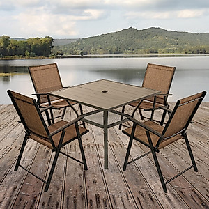 SJGUOJI Patio Folding Chairs Set of 4, Outdoor Lawn Chairs with Rustproof Metal Frame, Portable Dining Chairs for Porch, Deck, Garden, Backyard, Camping（Brown）