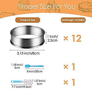 Gutsdoor 12 Pieces Muffin Tart Rings Crumpet Tart Rings Stainless Steel Metal Round Double Rolled English Muffin Rings Mold 3.15 Inch with Free Silicone Oil Brush, Cleaning Brush for Home Baking Tools