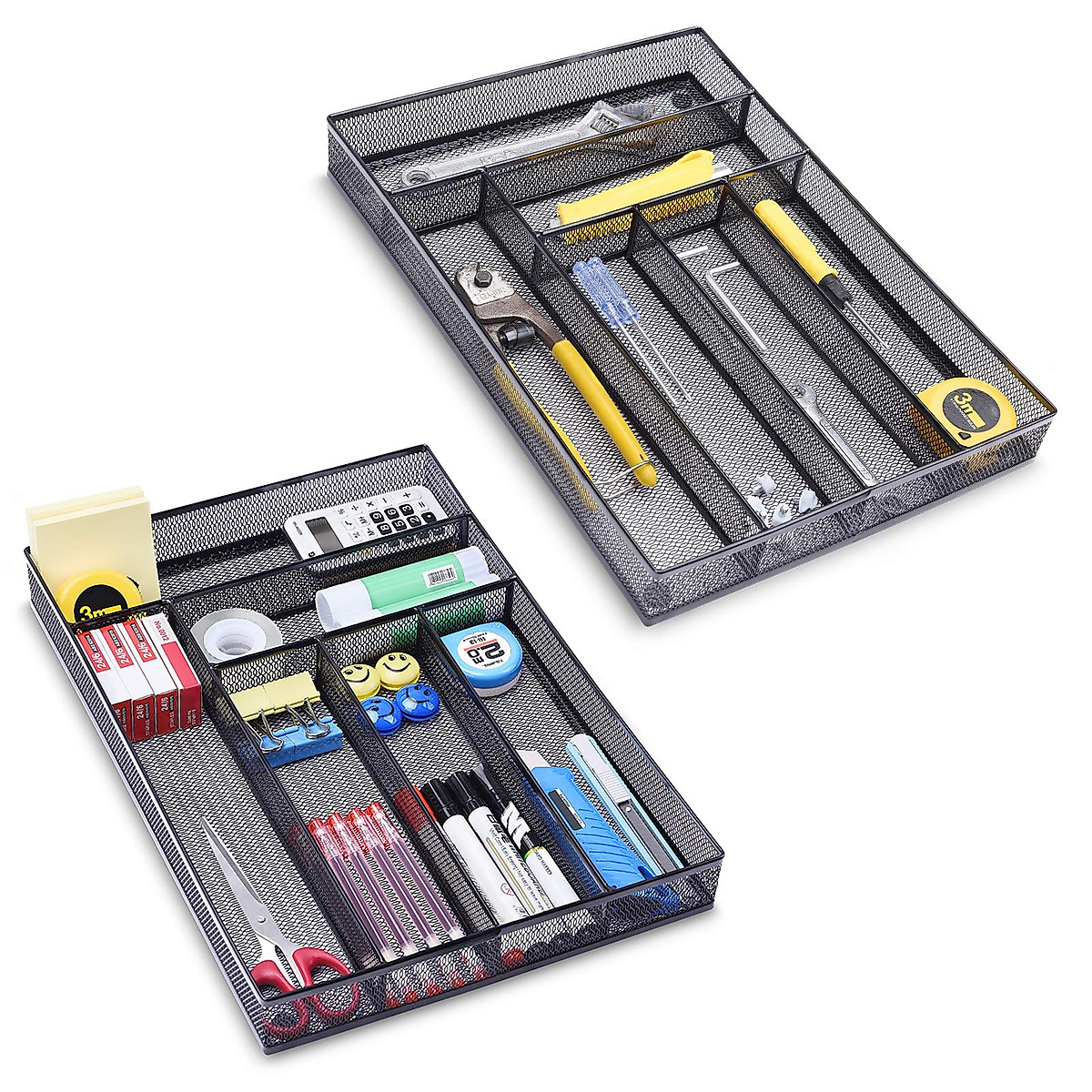 WuGeShop 6 Compartments Metal Mesh Kitchen Flatware Organizer Tray, Silverware Drawer Organizer/Utensil Holder and Cutlery Tray with Non Slip Mat (Black)