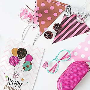 Pasisor 24 Pack Happy Birthday Medium Ready-To-Go Gift Bag, Cute Party Favor Paper Bags with Handles Bulk (Pink,Balloon&Cake)