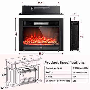 GLACER 28.5'' Electric Fireplace Insert, Recessed & Freestanding with Adjustable Flame Color Timer, Indoor Heater w/Remote Control (750W/1500W) Black…