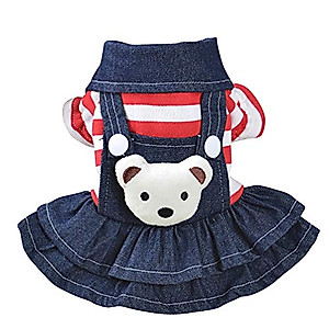 POPETPOP Denim Dog Dress - Cute Red Stripe Plush Bear Cowboy Pet Skirt, Pet Clothes for Small Medium Large Dogs Puppy, Pet Costumes