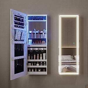 Vlsrka Jewelry Mirror Cabinet with LED Lights, Wall Mounted/Door Hanging Full-Length Jewelry Mirror, Lockable Storage Cabinet, Built-in Makeup Mirror for Bedroom Cloakroom (White)
