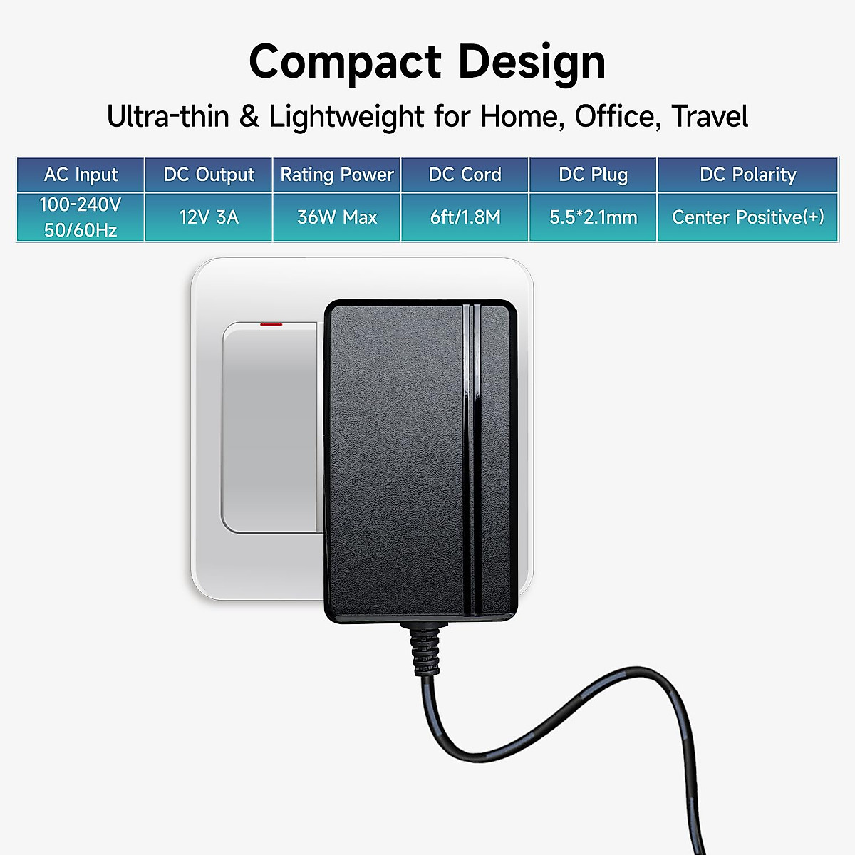 2 Pack 12Vdc 3A/3000mA 6ft Power Supply Adapter, 100-240V 50/60Hz AC to DC 36W Wall Charger with Barrel Connector for LED Strip Light, CCTV Camera, Router, DVR, NVR and More, ETL FCC (6Ft Cord, 20AWG)