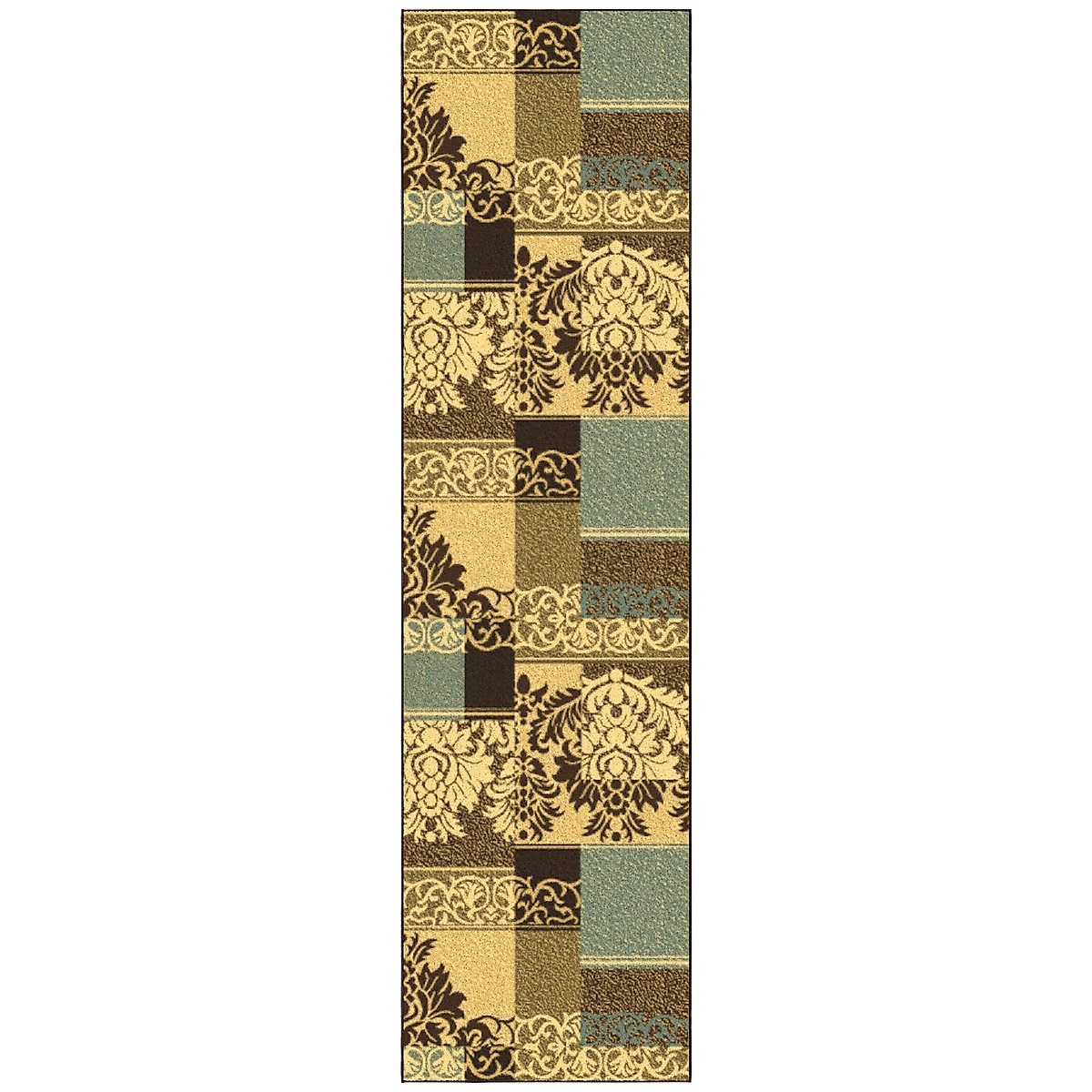 Machine Washable Damask Design Non-Slip Rubberback 3x10 Traditional Runner Rug for Hallway, Kitchen, Bedroom, Living Room, 2'7" x 9'10", Brown/Green